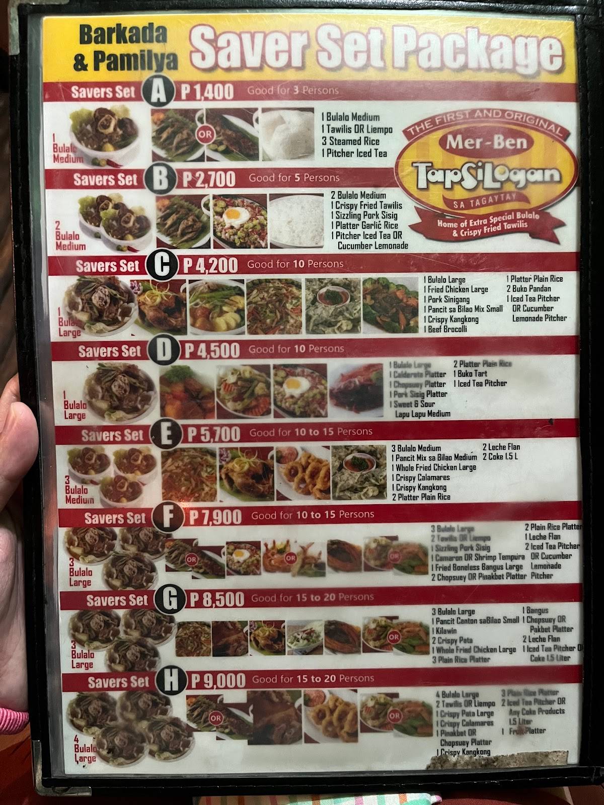Menu at Mer-Ben Tapsilogan restaurant, Laurel, 53 Emilio Aguinaldo Highway