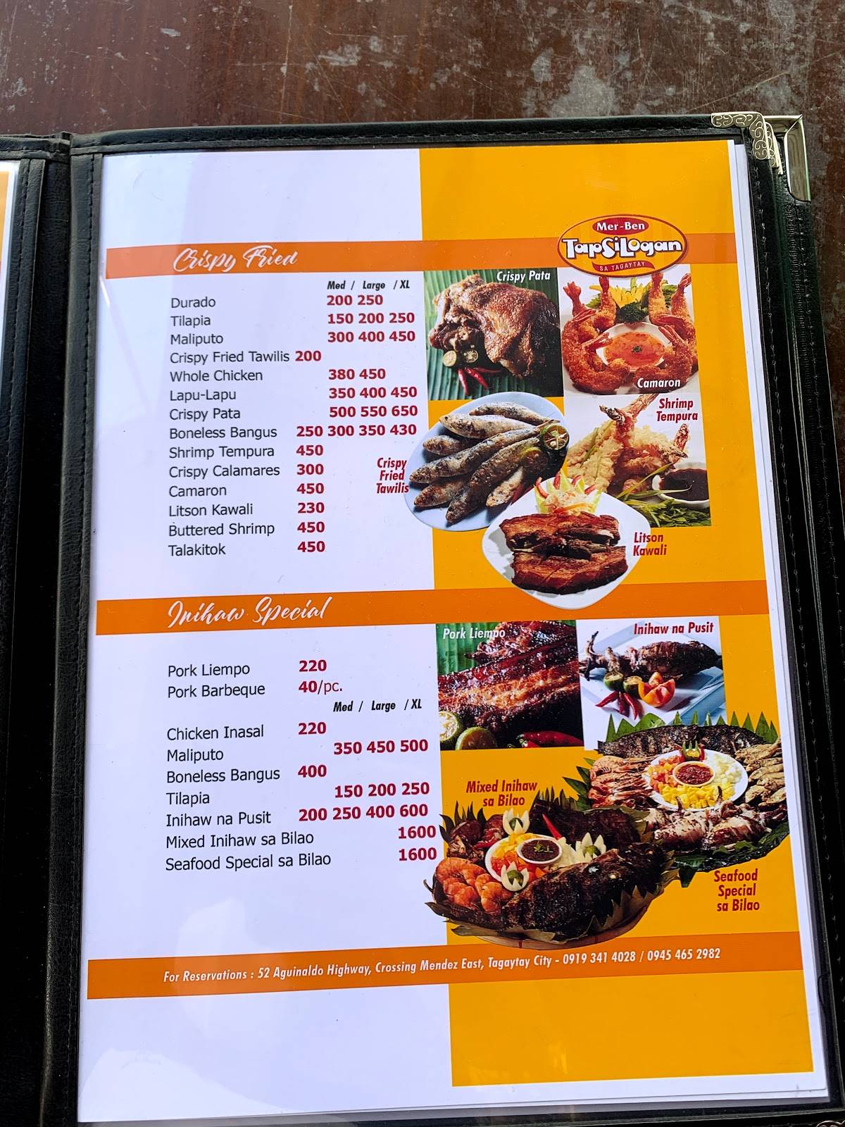 Menu at Mer-Ben Tapsilogan restaurant, Laurel, 53 Emilio Aguinaldo Highway
