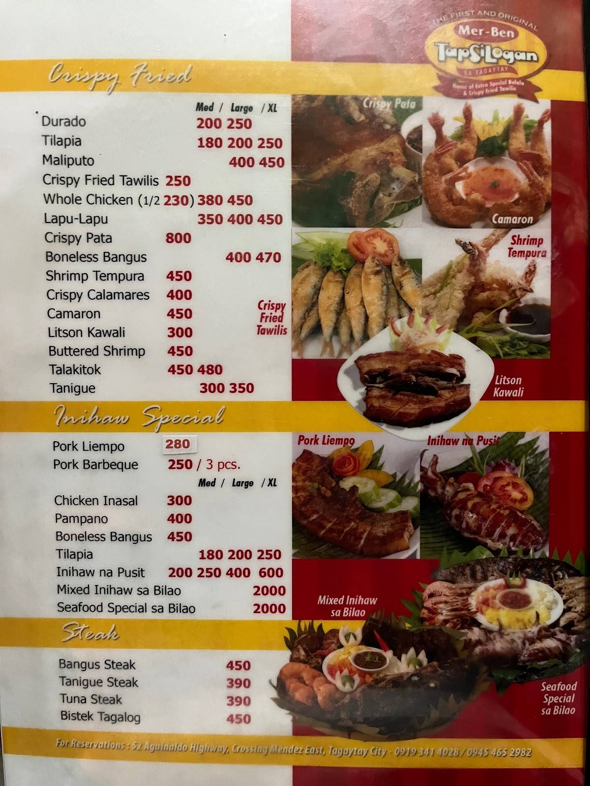 Menu at Mer-Ben Tapsilogan restaurant, Laurel, 53 Emilio Aguinaldo Highway