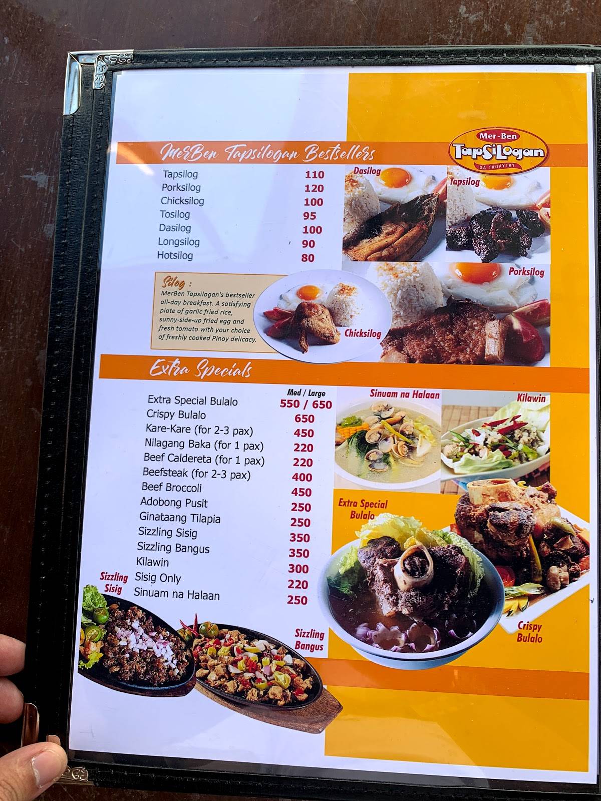 Menu at Mer-Ben Tapsilogan restaurant, Laurel, 53 Emilio Aguinaldo Highway