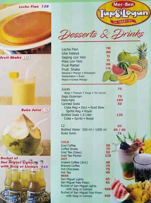 Menu at Mer-Ben Tapsilogan restaurant, Laurel, 53 Emilio Aguinaldo Highway