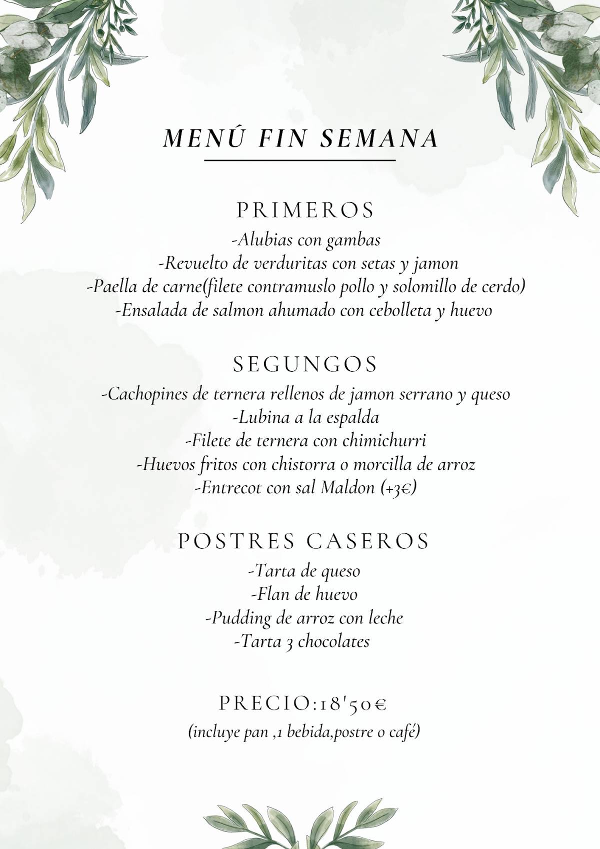 Carta del restaurante Mesón El Mirador, Nuevo Baztán
