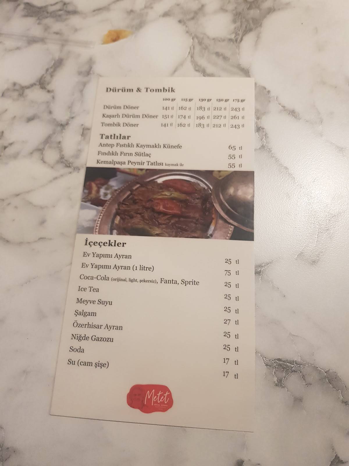 Menu at Metet Közde Döner, Suadiye, Istanbul