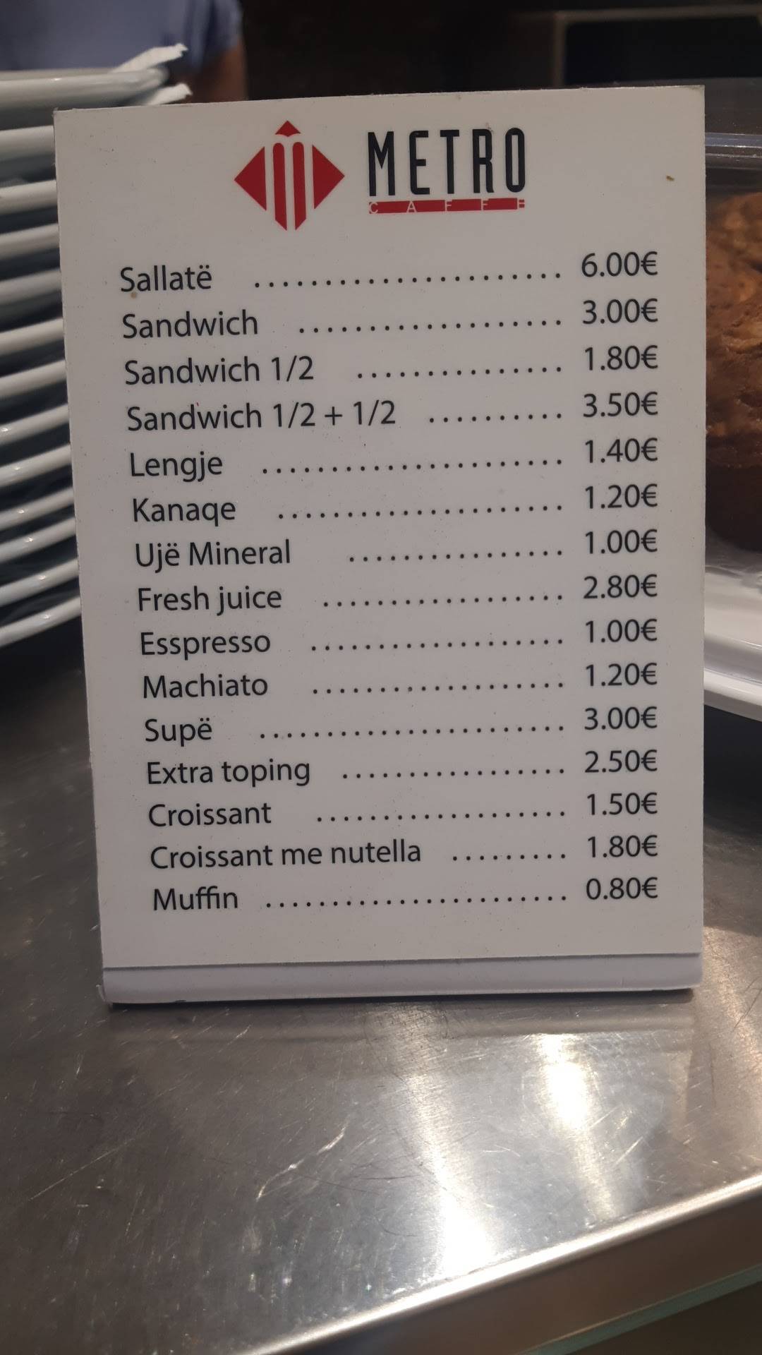 Menu at Metro Caffe restaurant, Prishtina
