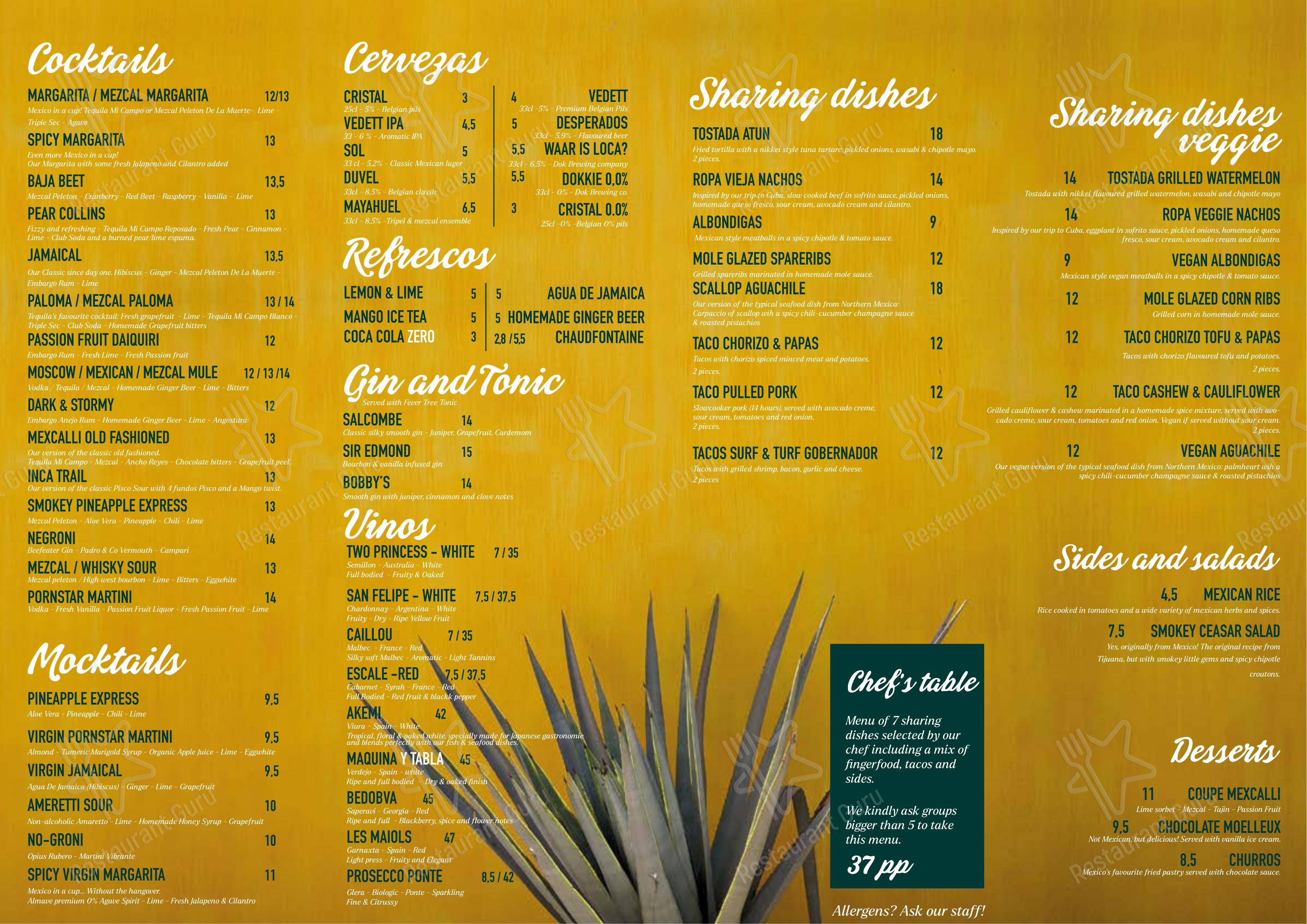Menu at Mexcalli, Ghent, Bibliotheekstraat 1