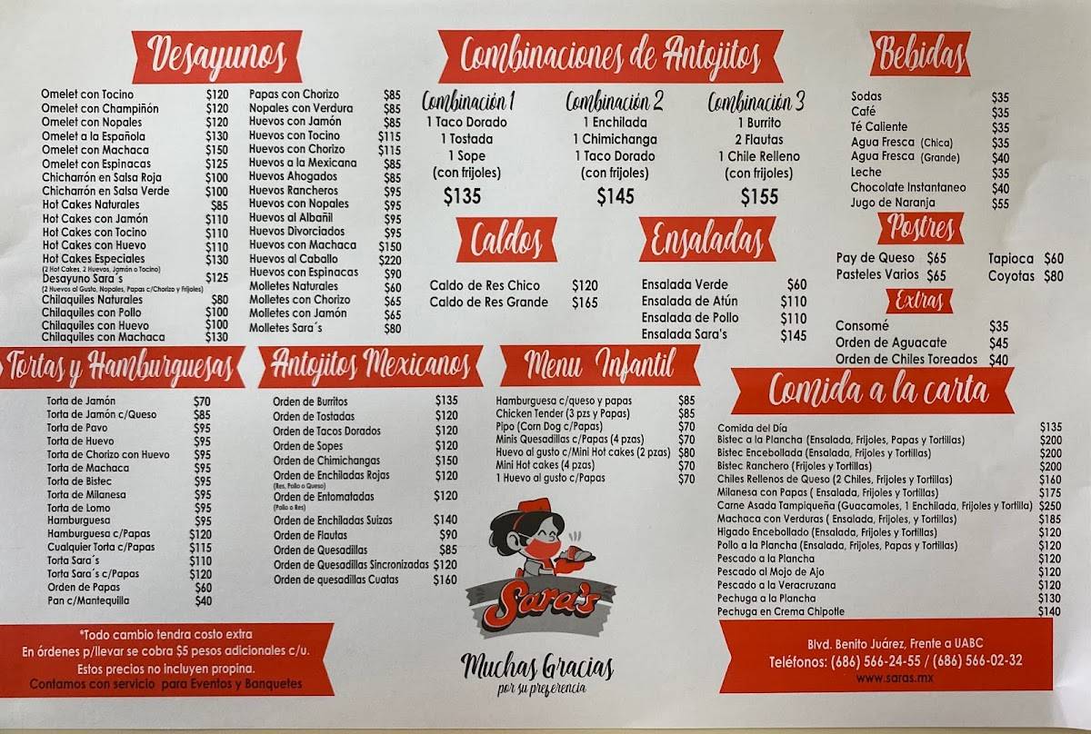 Carta del restaurante Sara's, Mexicali