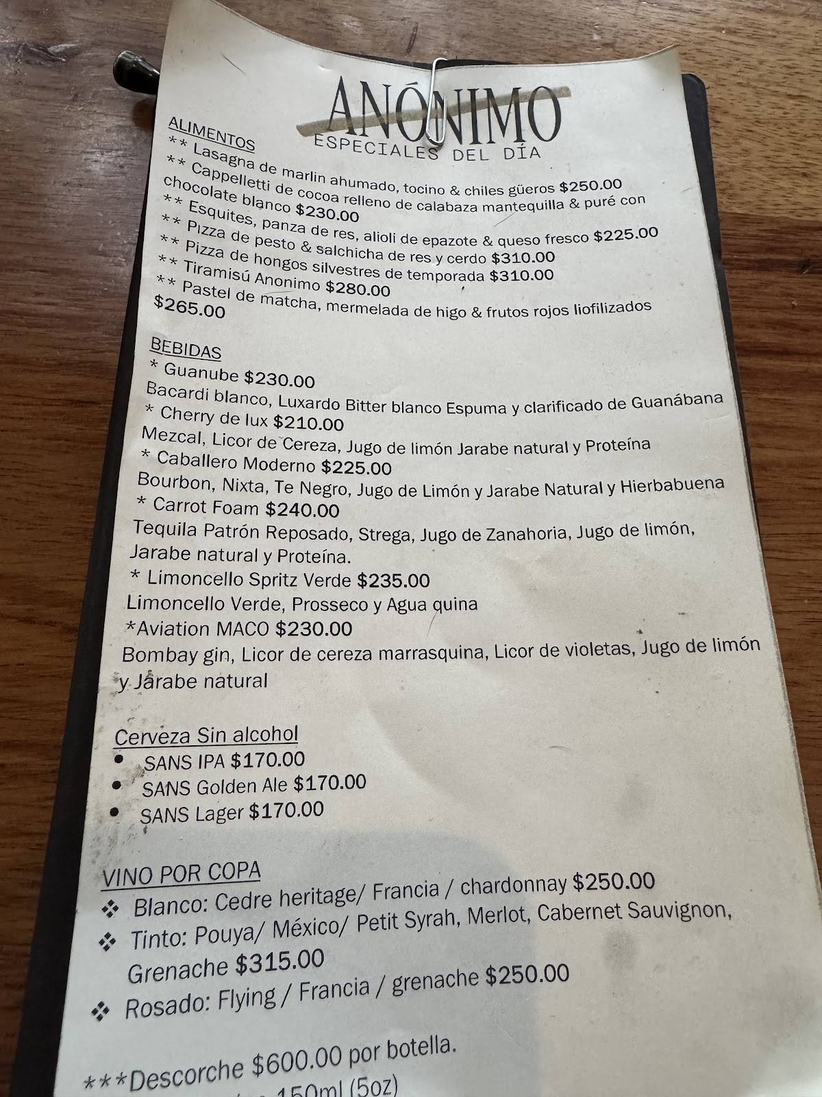 Carta del restaurante Anónimo, Ciudad del México, Atlixco 105 Col ...