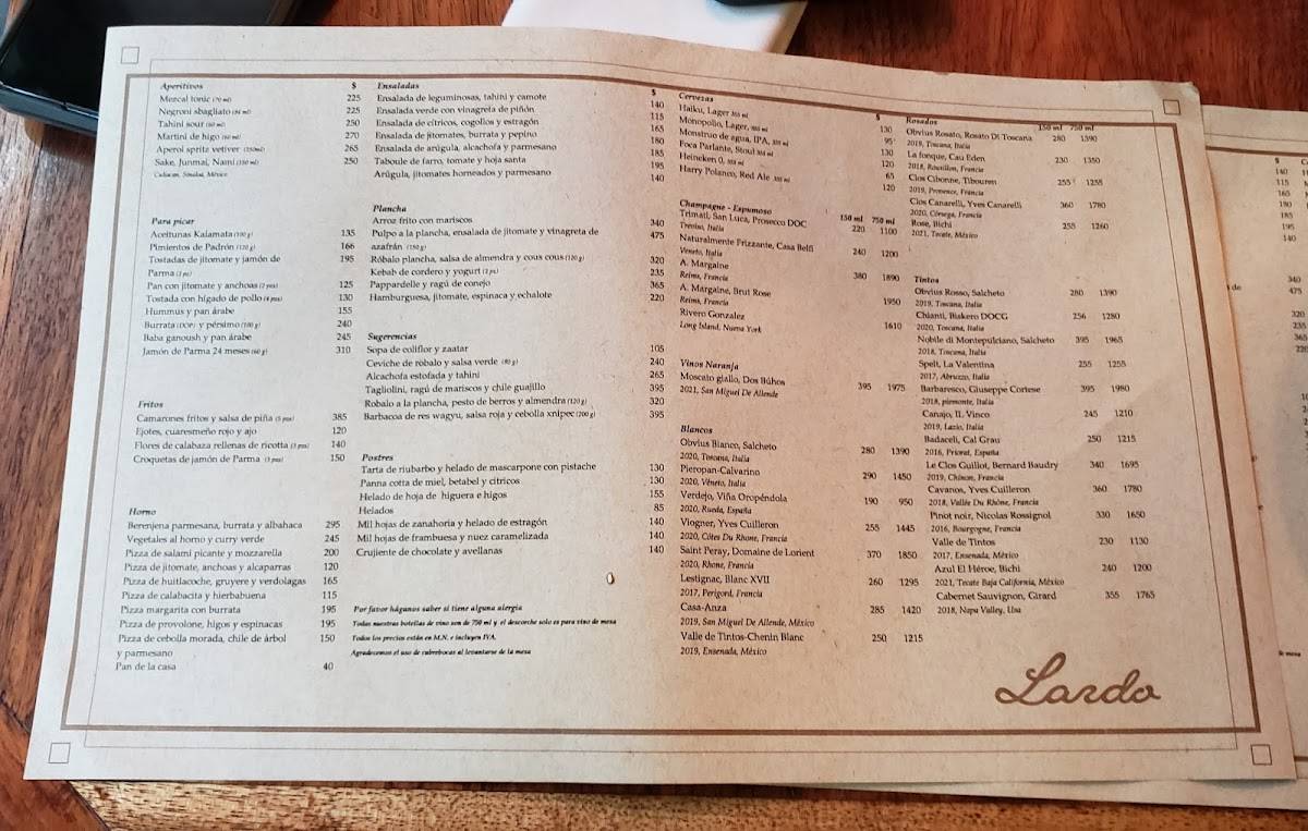 Menu at Lardo cafeteria, Mexico City