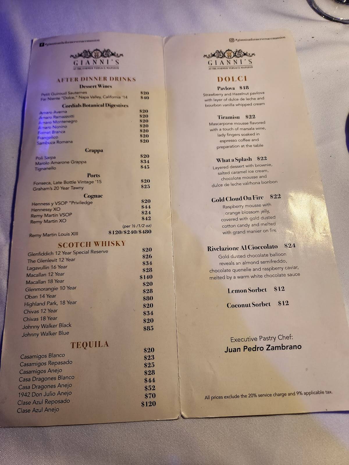 Menu at Gianni's At The Former Versace Mansion restaurant, Miami Beach