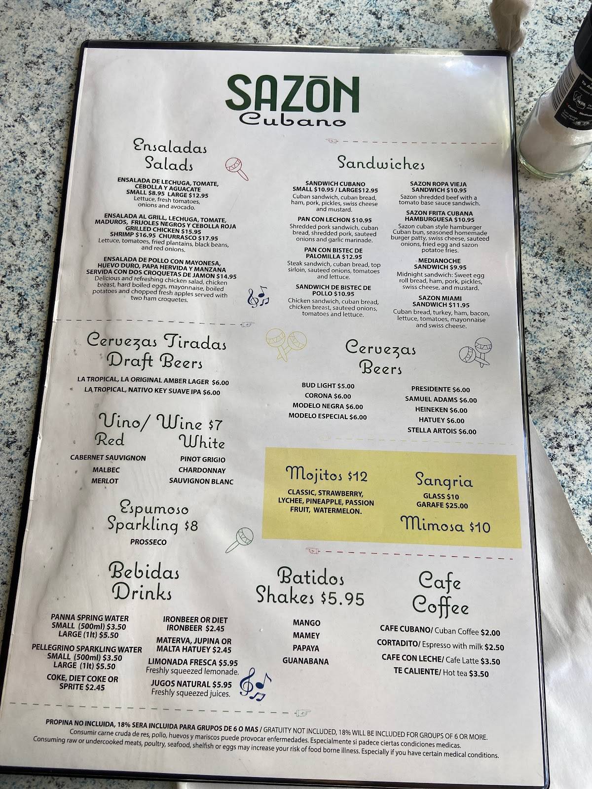 Menu at Sazon Cubano pub & bar, Miami Beach, Collins Ave