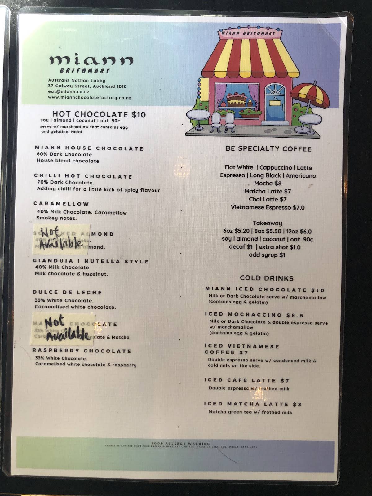Menu at Miann Britomart desserts, Auckland, Ground Arthur Nathan Building