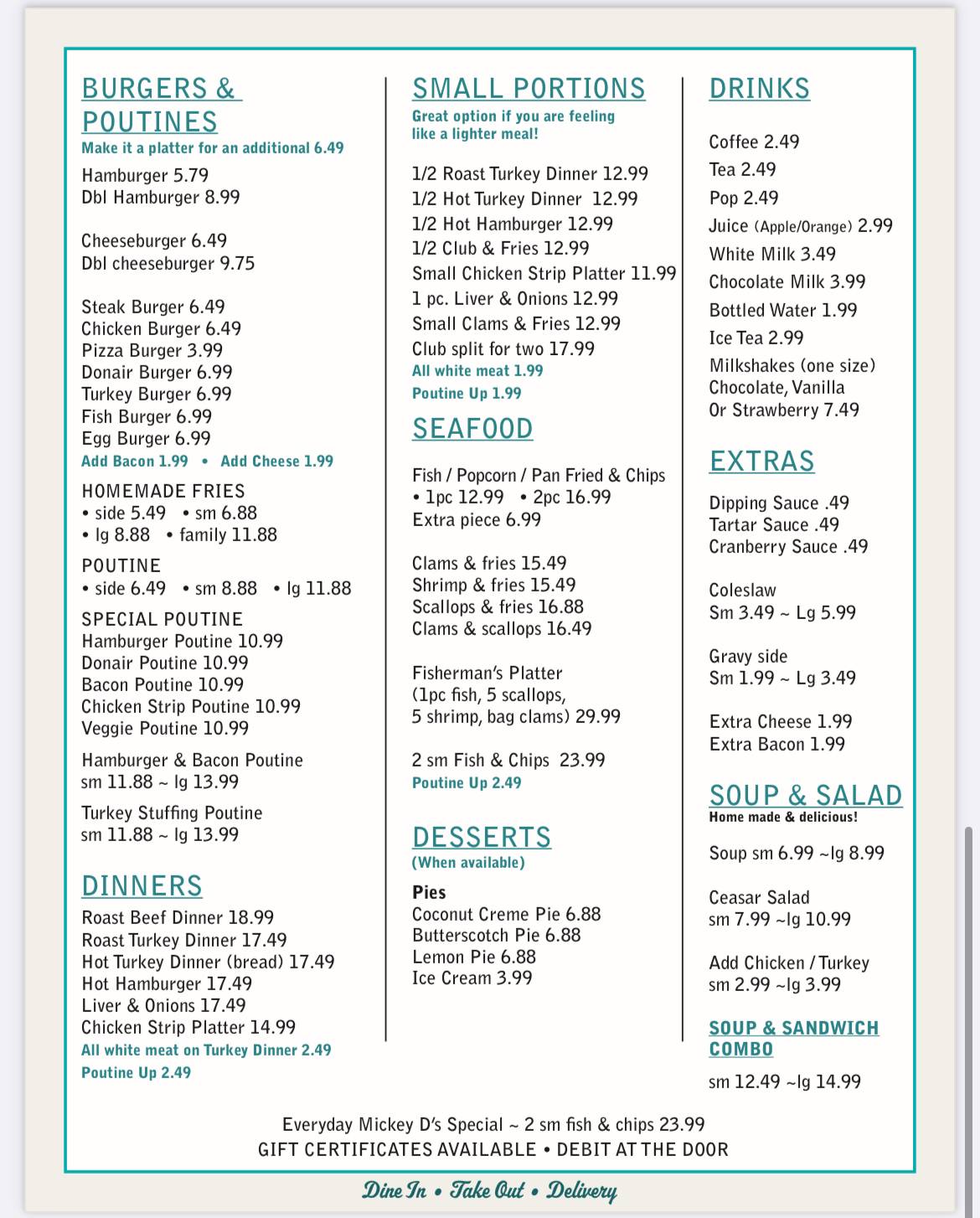 Menu at Mickey D's restaurant, New Waterford