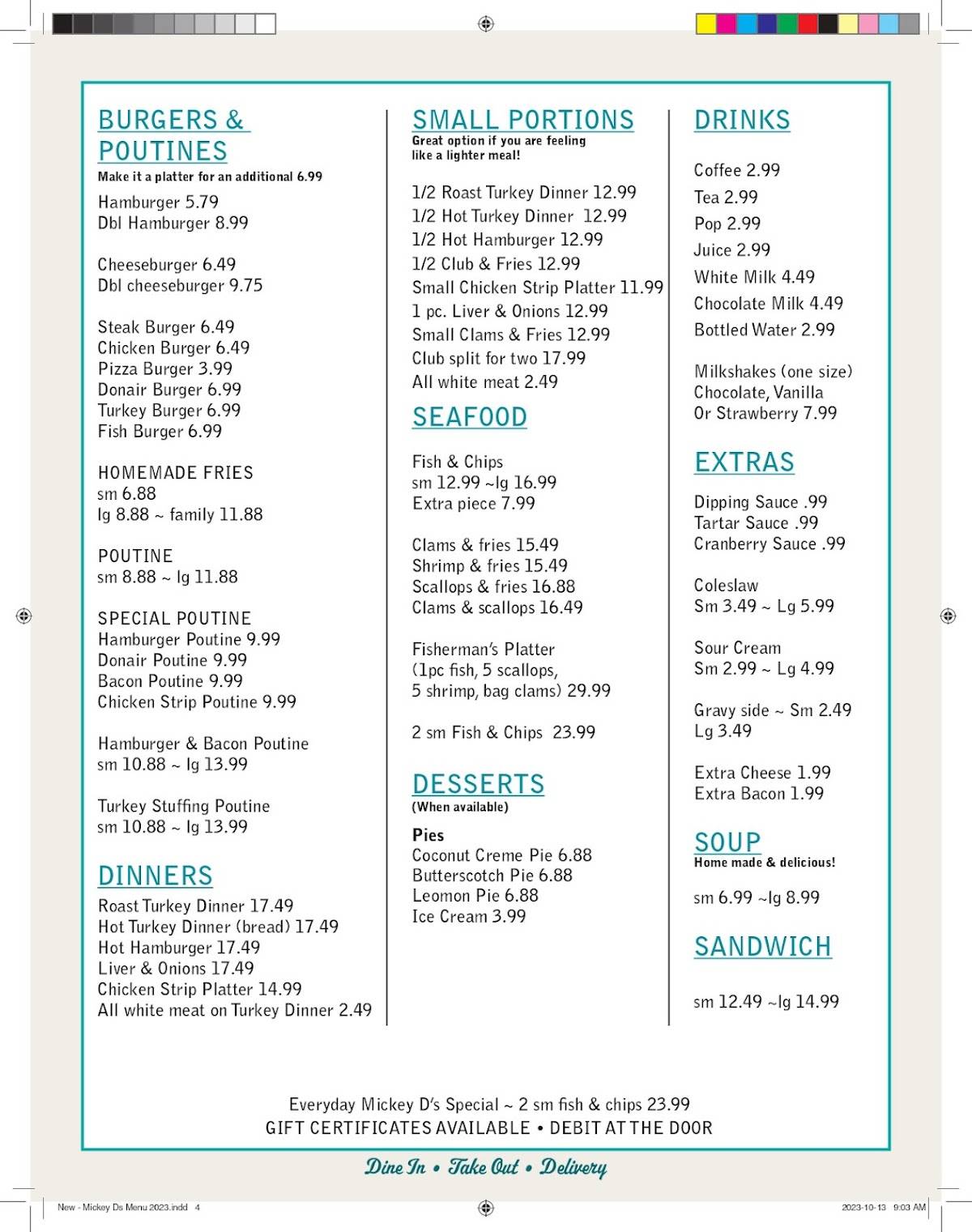 Menu at Mickey D's restaurant, New Waterford