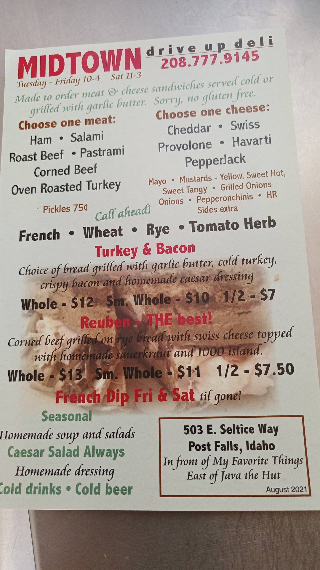 Menu at Midtown Deli restaurant, Post Falls, 503 E Seltice Way
