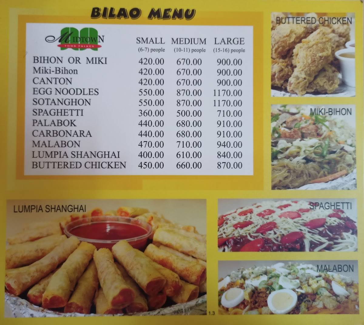 Menu at Midtown Food Palace restaurant, San Fernando, Quezon Ave