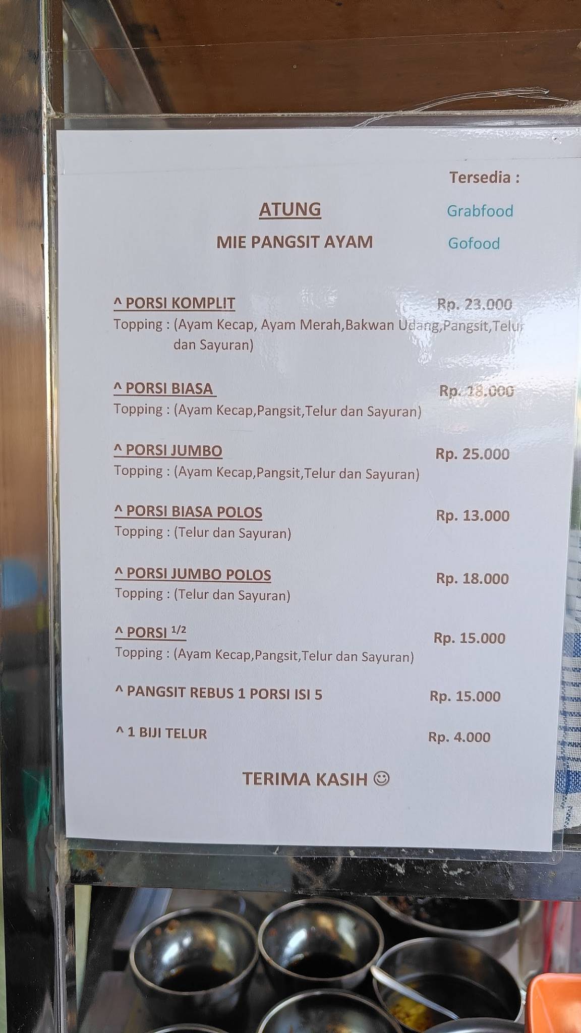 Menu at Mie Pangsit Atung, Pekanbaru