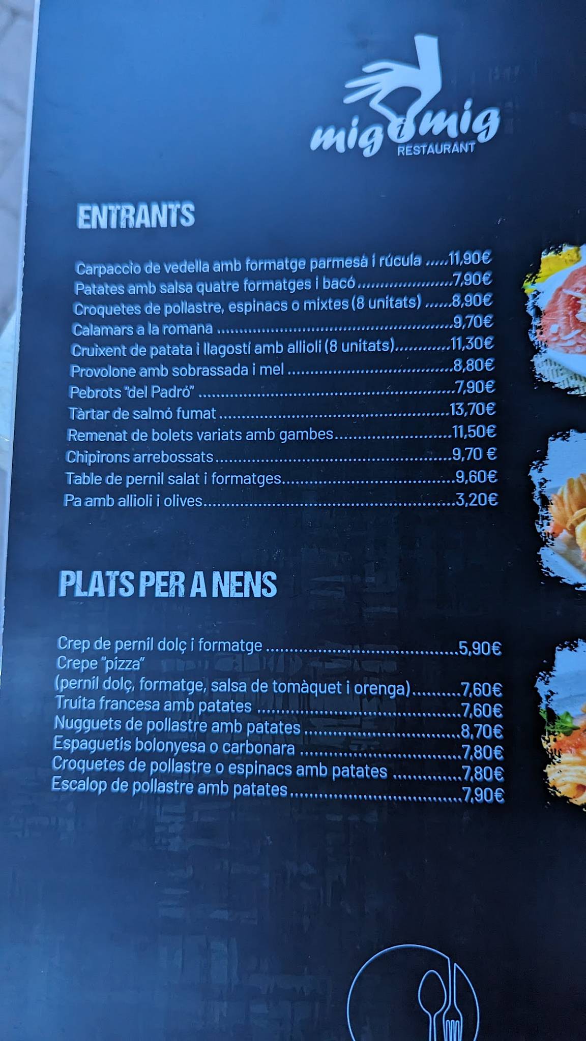 Menu at Mig i Mig cafeteria, Manacor