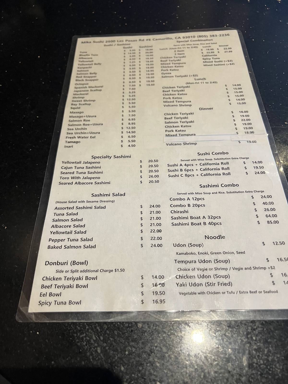 Menu at Mika Sushi restaurant, Camarillo