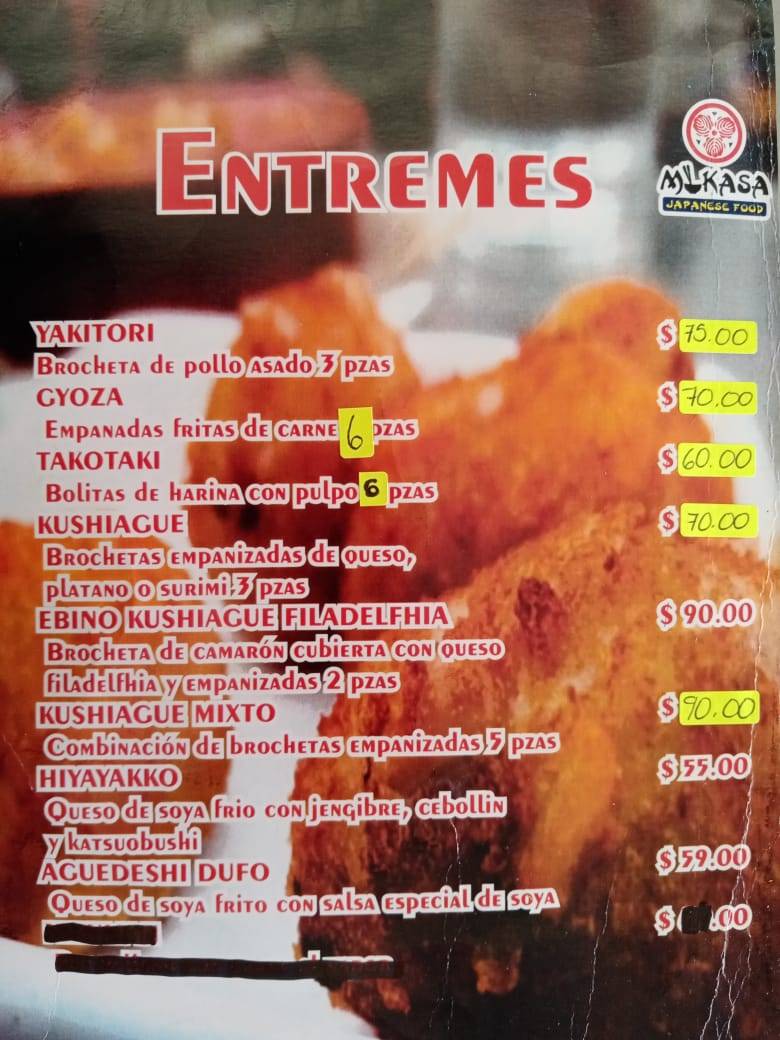 Carta del restaurante Mikasa comida japonesa, Tres del Mayo