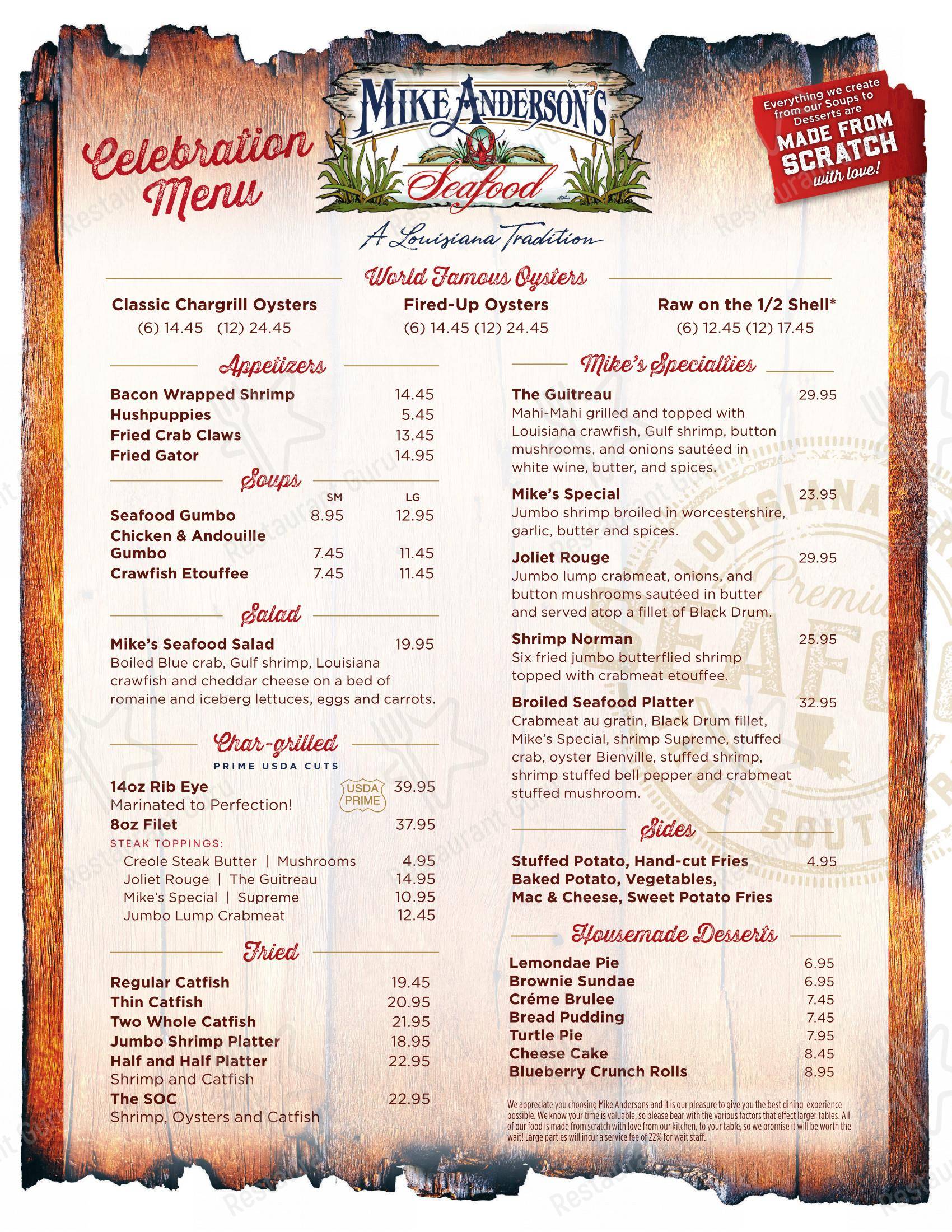 Menu at Mike Anderson's restaurant, Baton Rouge