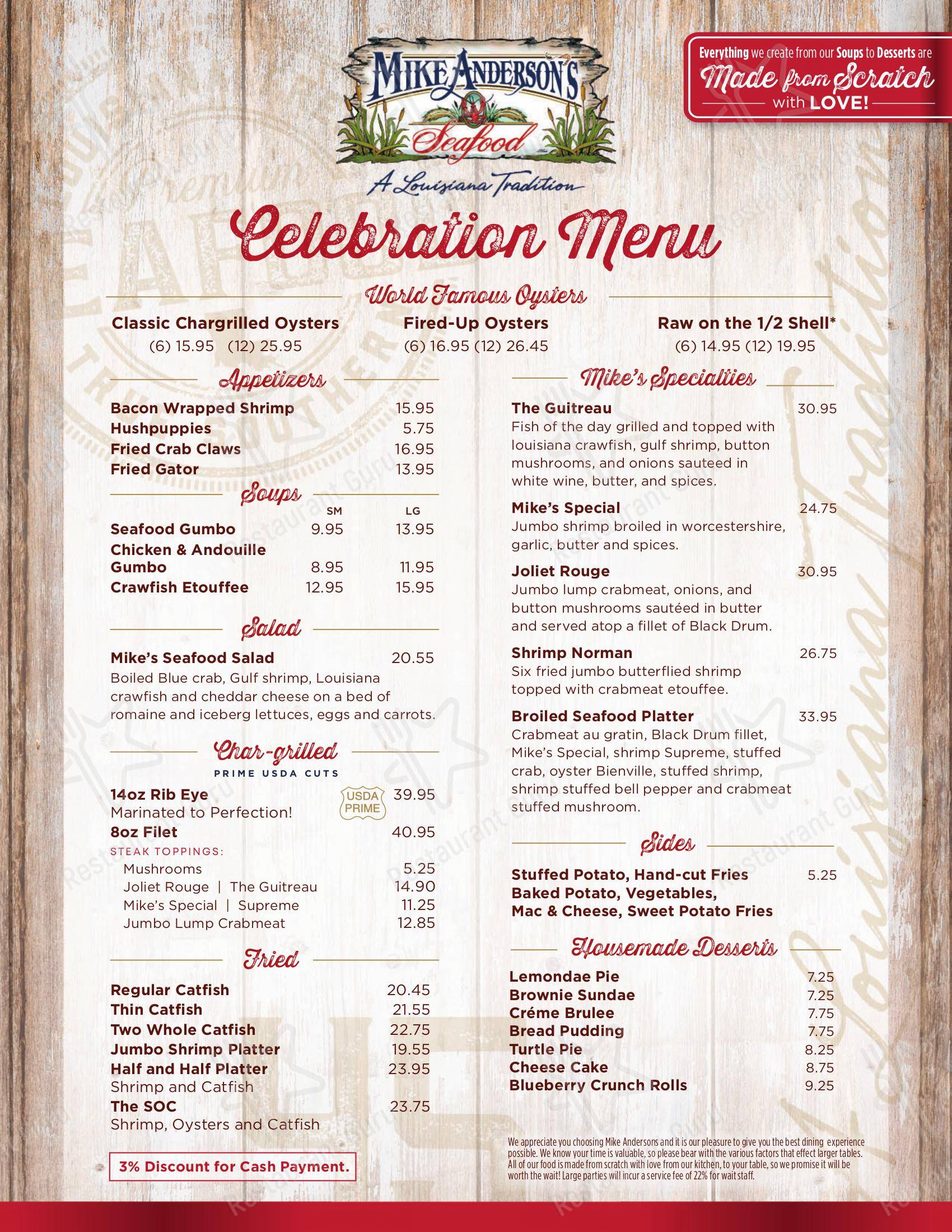 Menu at Mike Anderson's restaurant, Baton Rouge