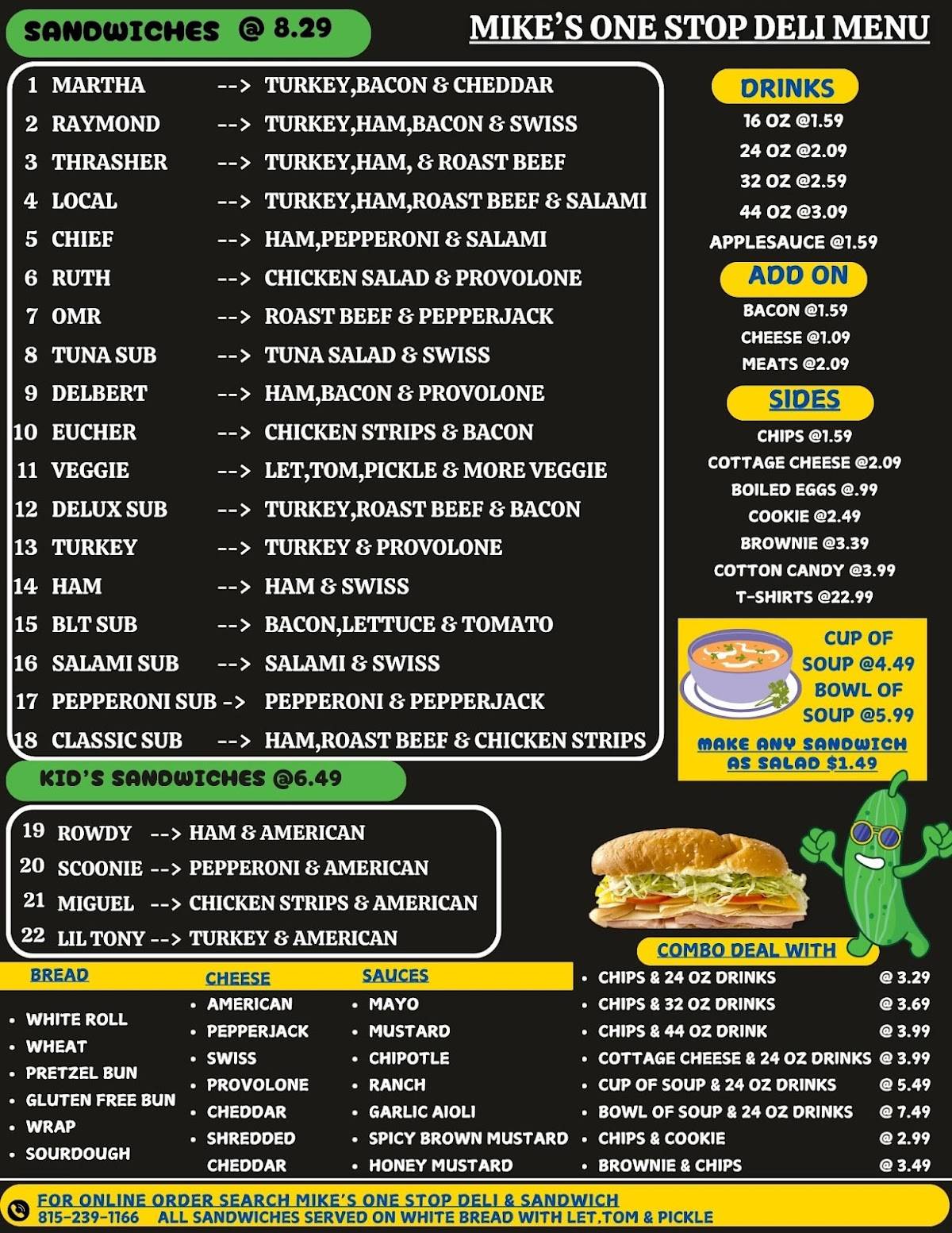 Menu at Mike's One Stop Deli & Sandwich restaurant, Pecatonica