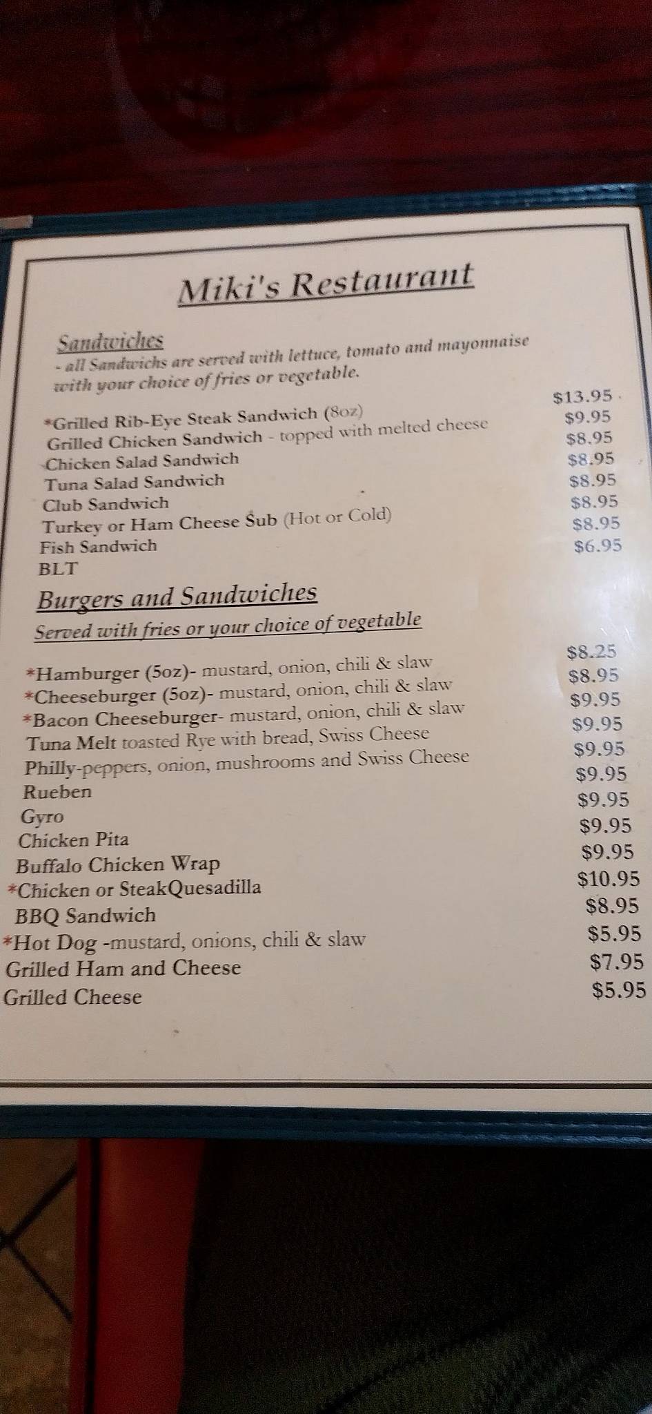 Menu at Miki's Restaurant, Matthews