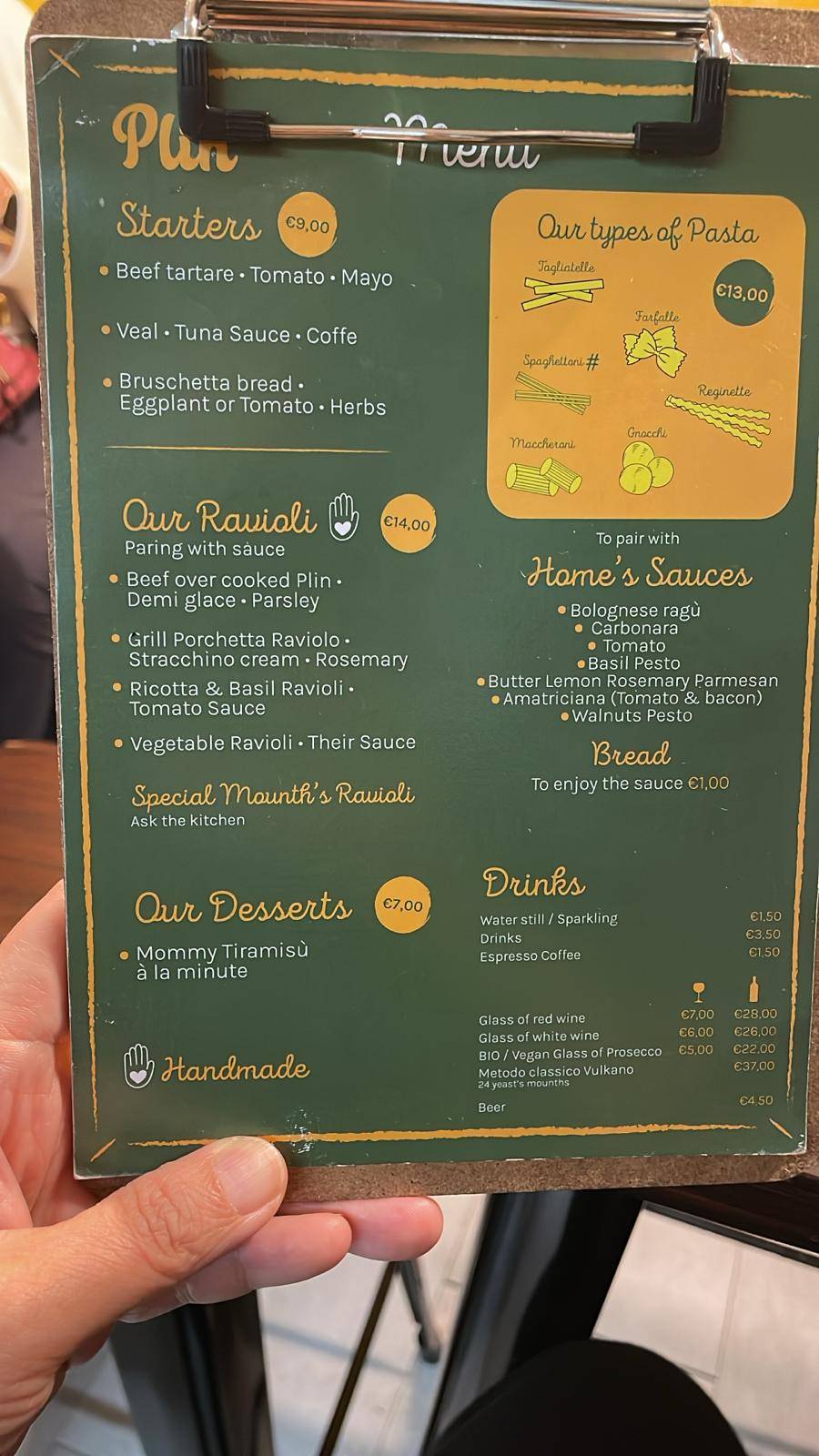 Menu at PLIN Pastificio con Cucina restaurant, Milan