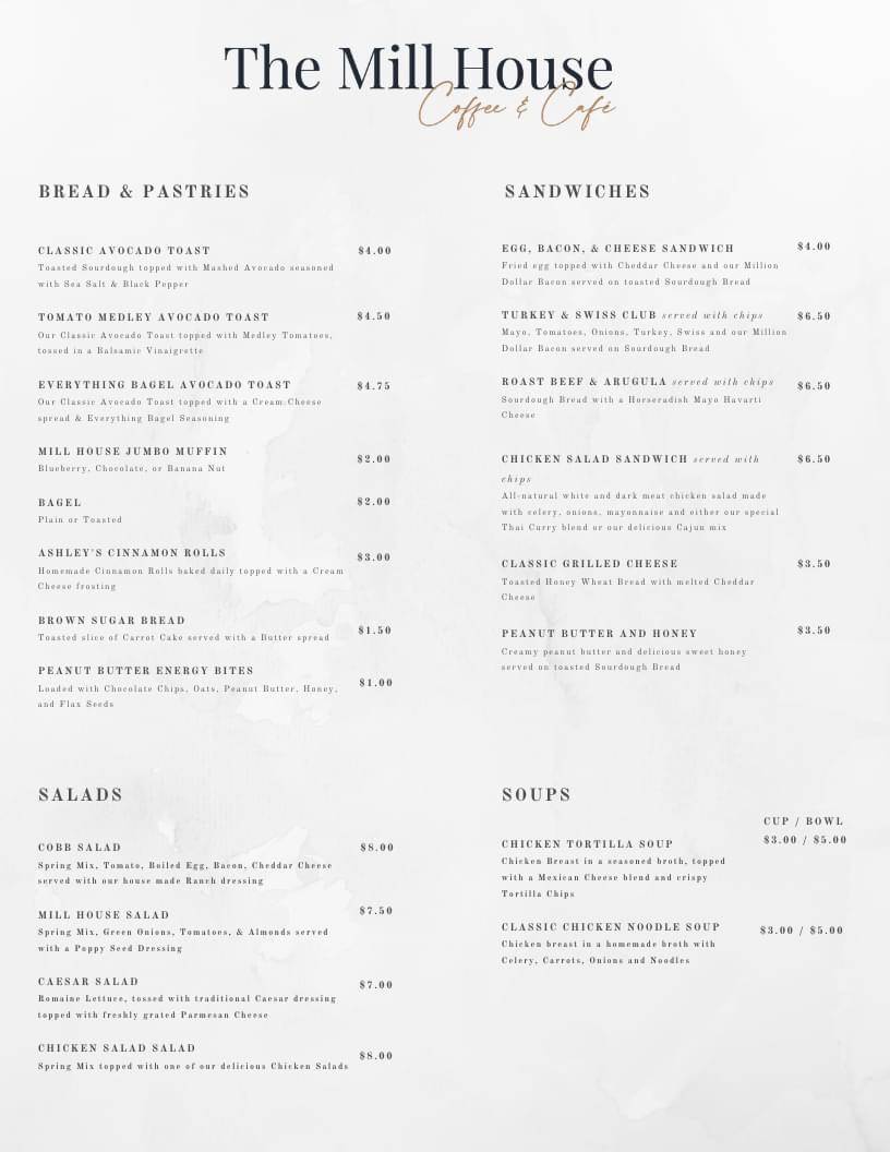 Menu at Mill House Coffee & Cafe, Hamilton