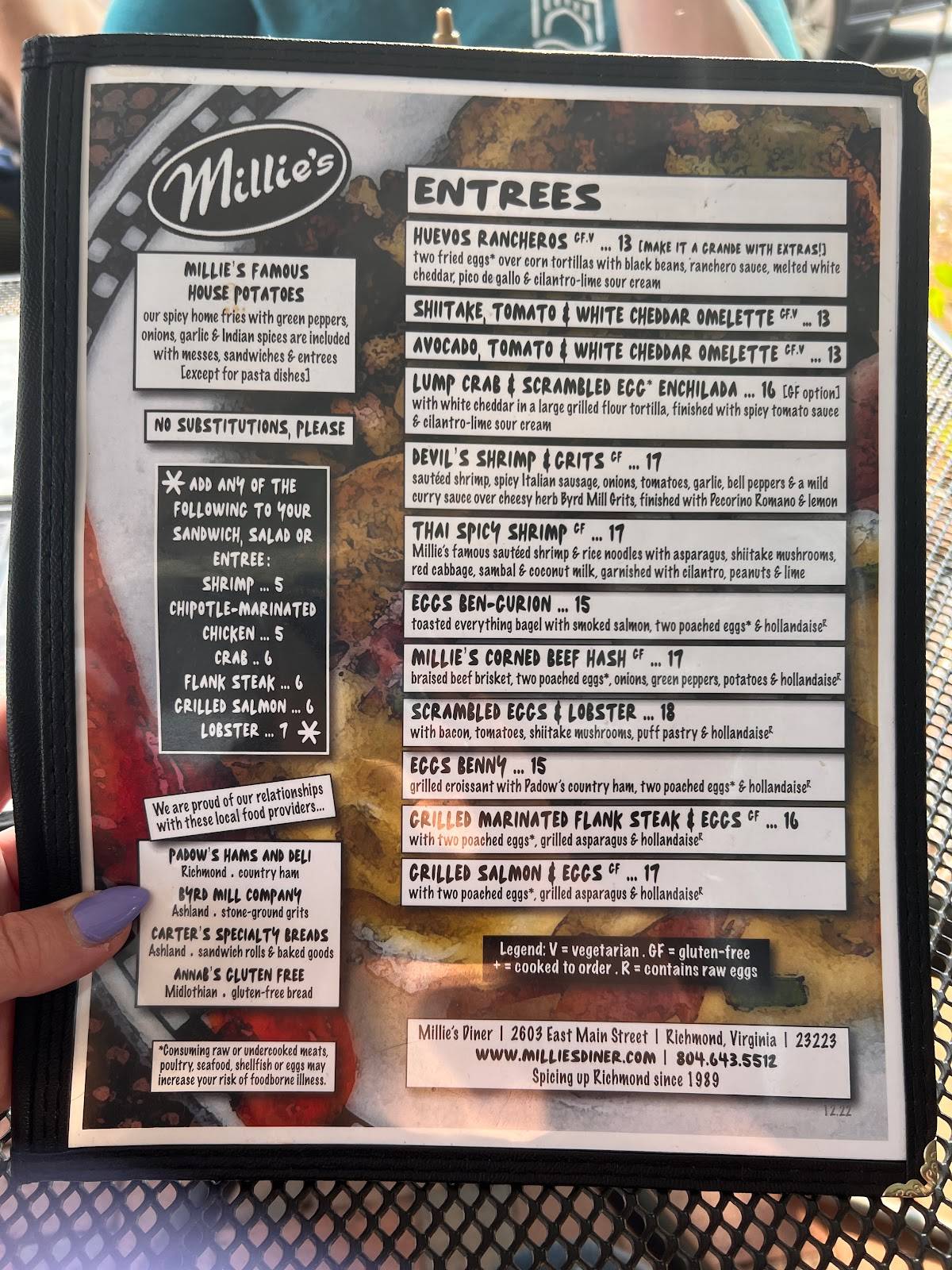 Menu at Millie's Diner restaurant, Richmond