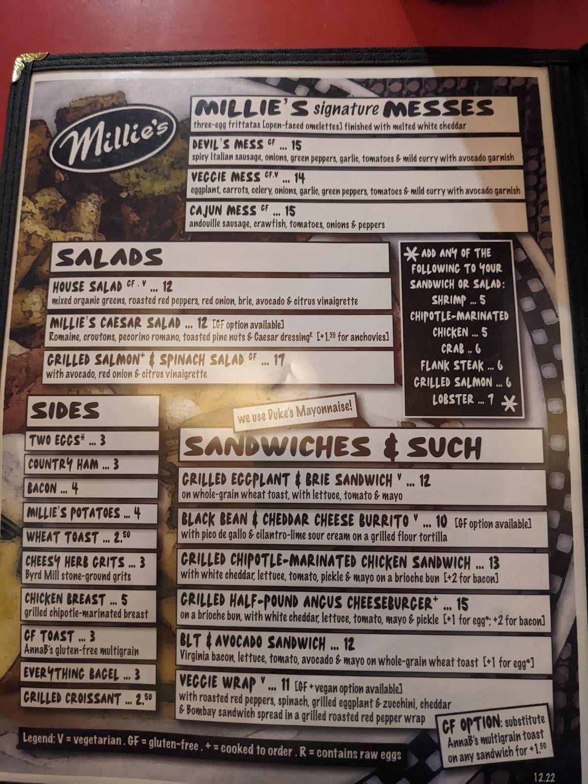 Menu at Millie's Diner restaurant, Richmond