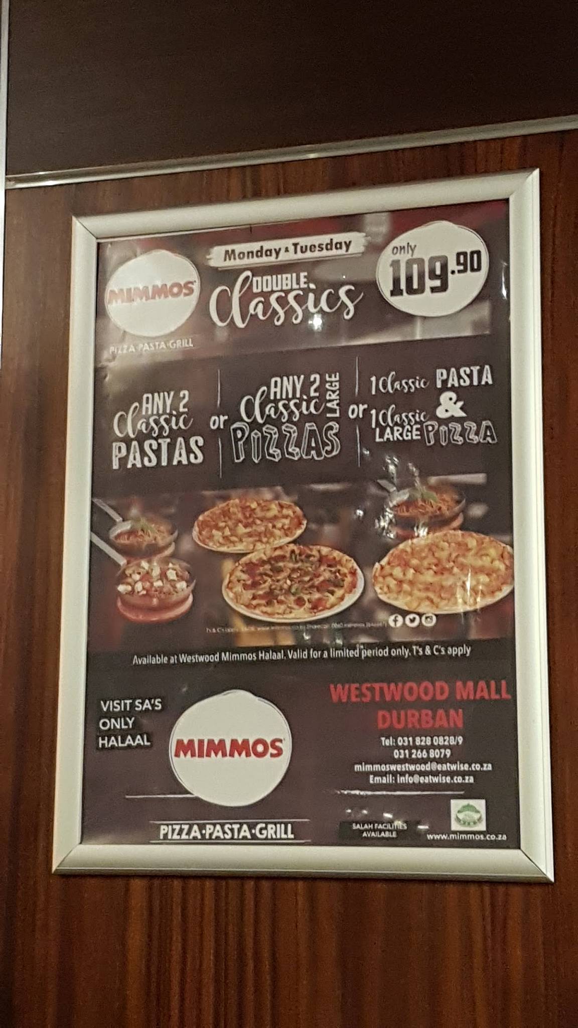Menu at Mimmos Westwood Mall Halaal restaurant, Durban