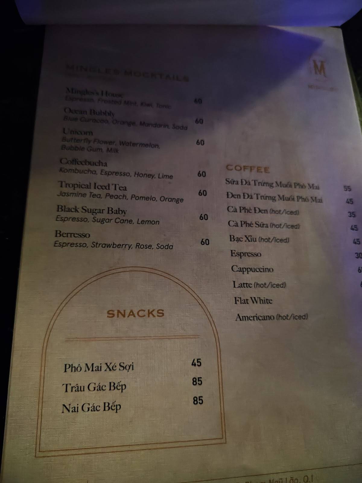 Menu at Mingles pub & bar, Ho Chi Minh City