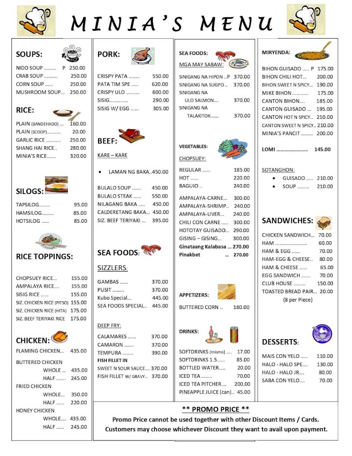 Menu at Minia's Kainan at Meriendahan restaurant, Hagonoy, RQQ3+H4P