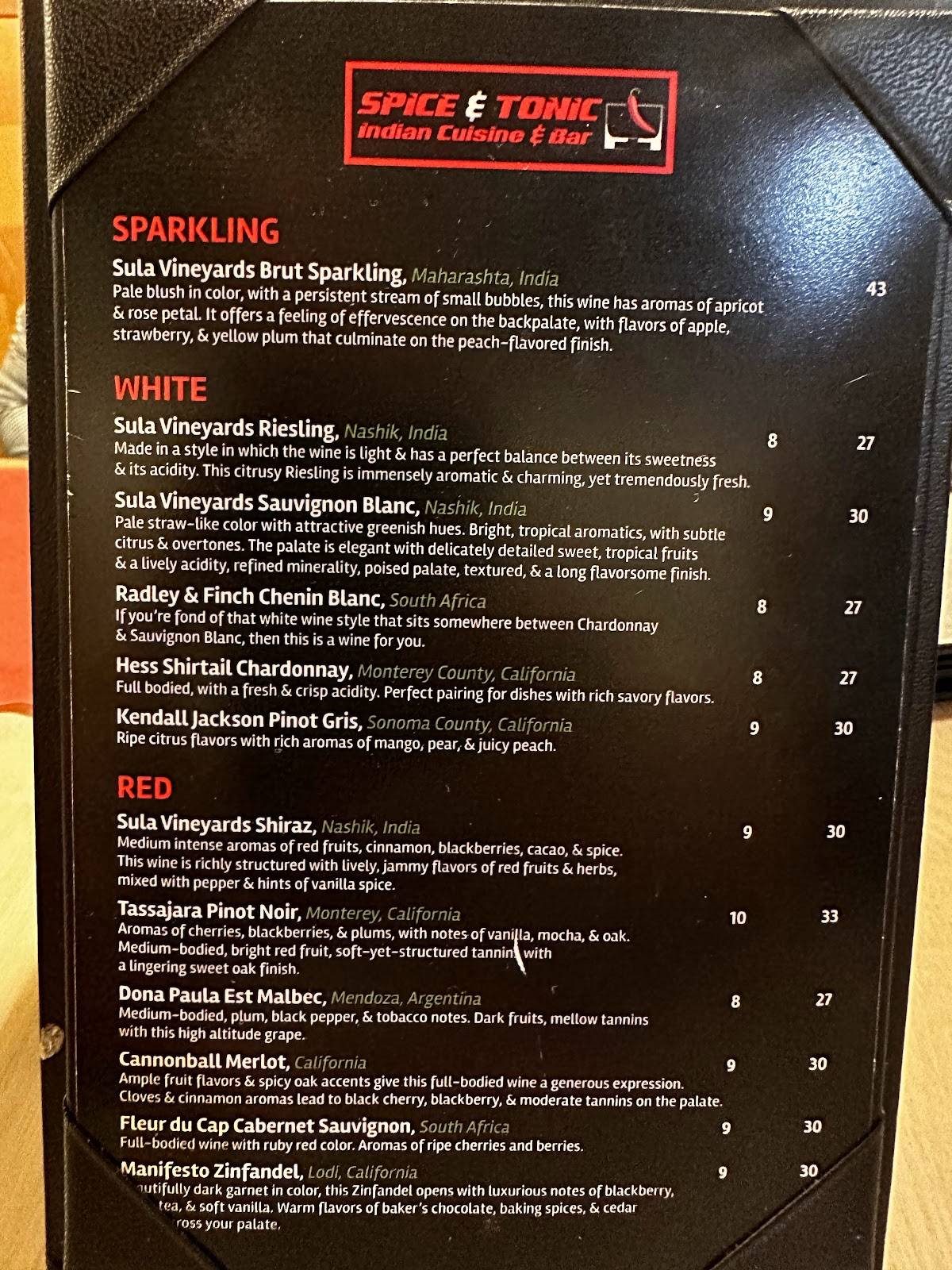 Menu at Spice & Tonic - Indian Cuisine & Bar, Minneapolis