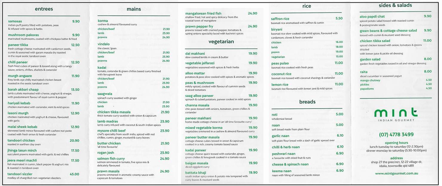 Menu at Mint Indian Gourmet restaurant, Idalia