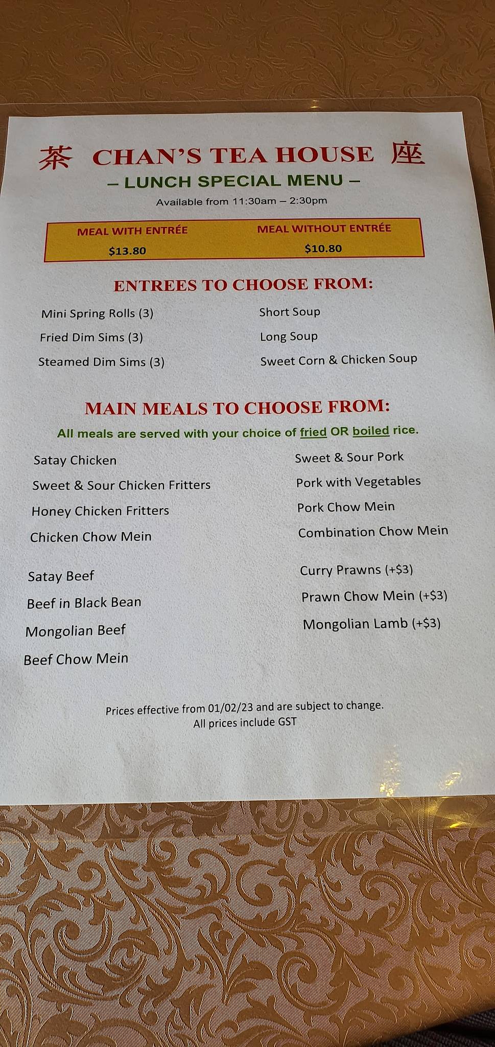 Menu at Chan's Tea House restaurant, Minto