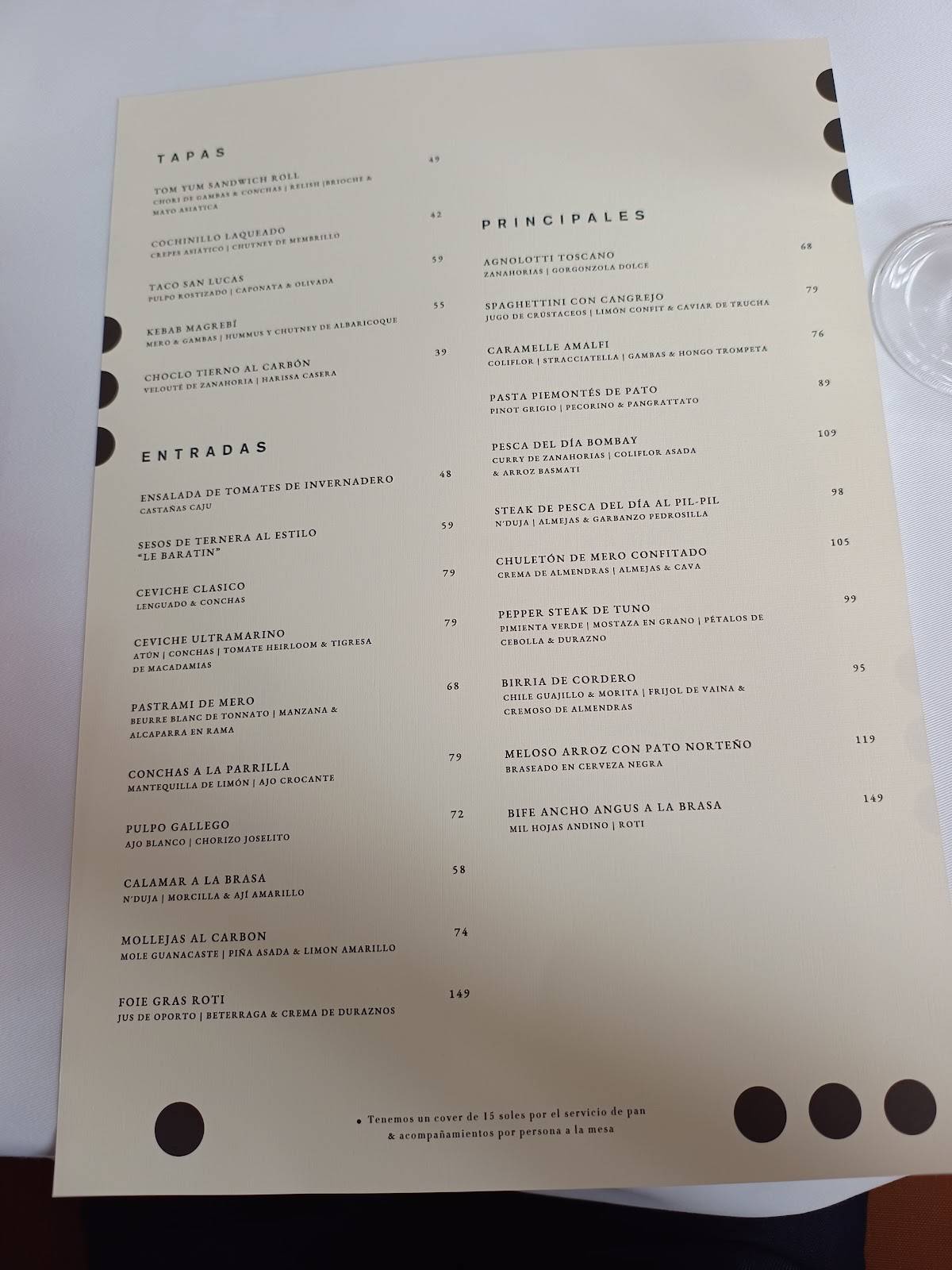 Menu at Rafael restaurant, Miraflores, Ca. San Martín 300