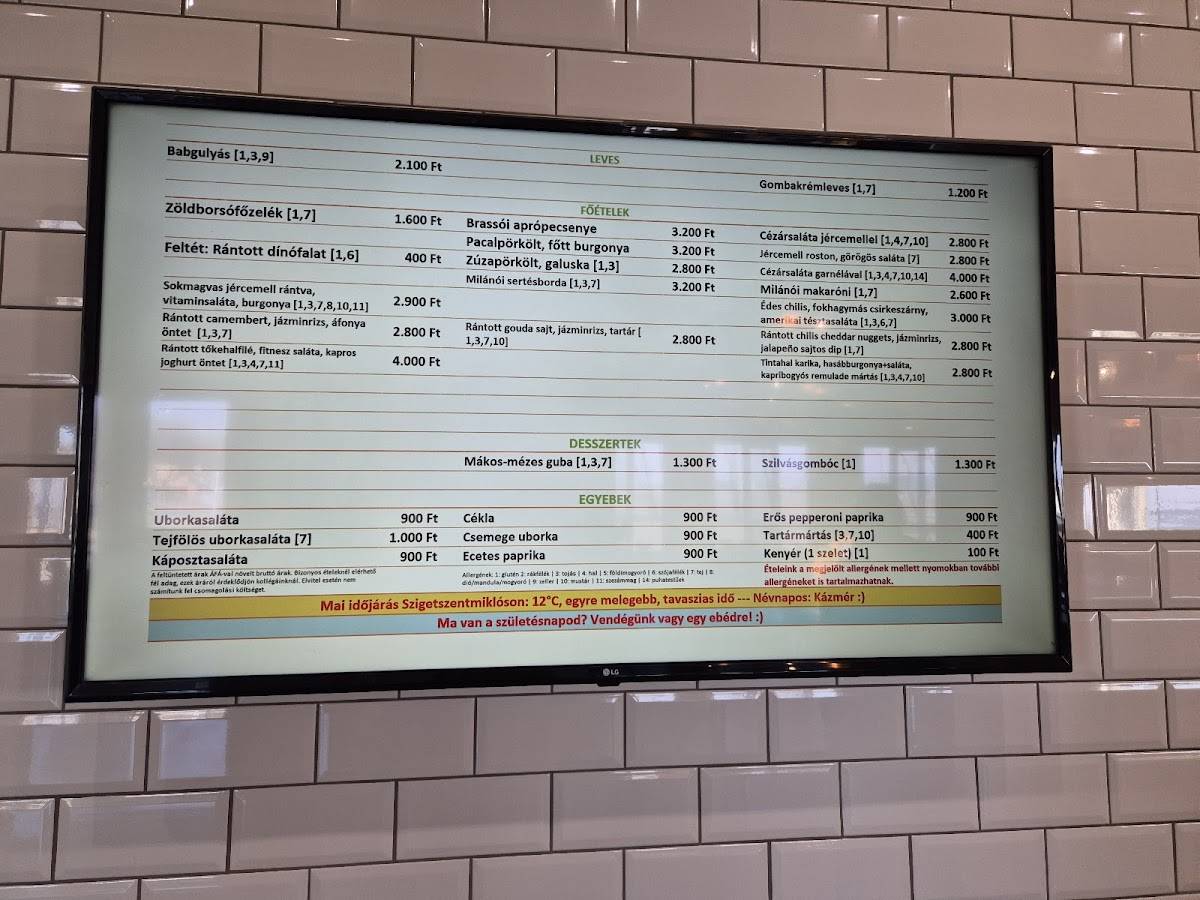 Menu at Misi Fakanala Kifőzde restaurant, Szigetszentmiklós