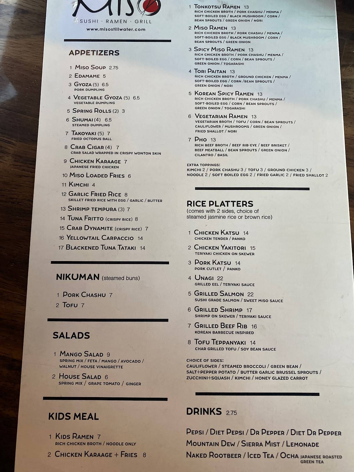 Menu at Miso Sushi, Ramen, Grill restaurant, Stillwater