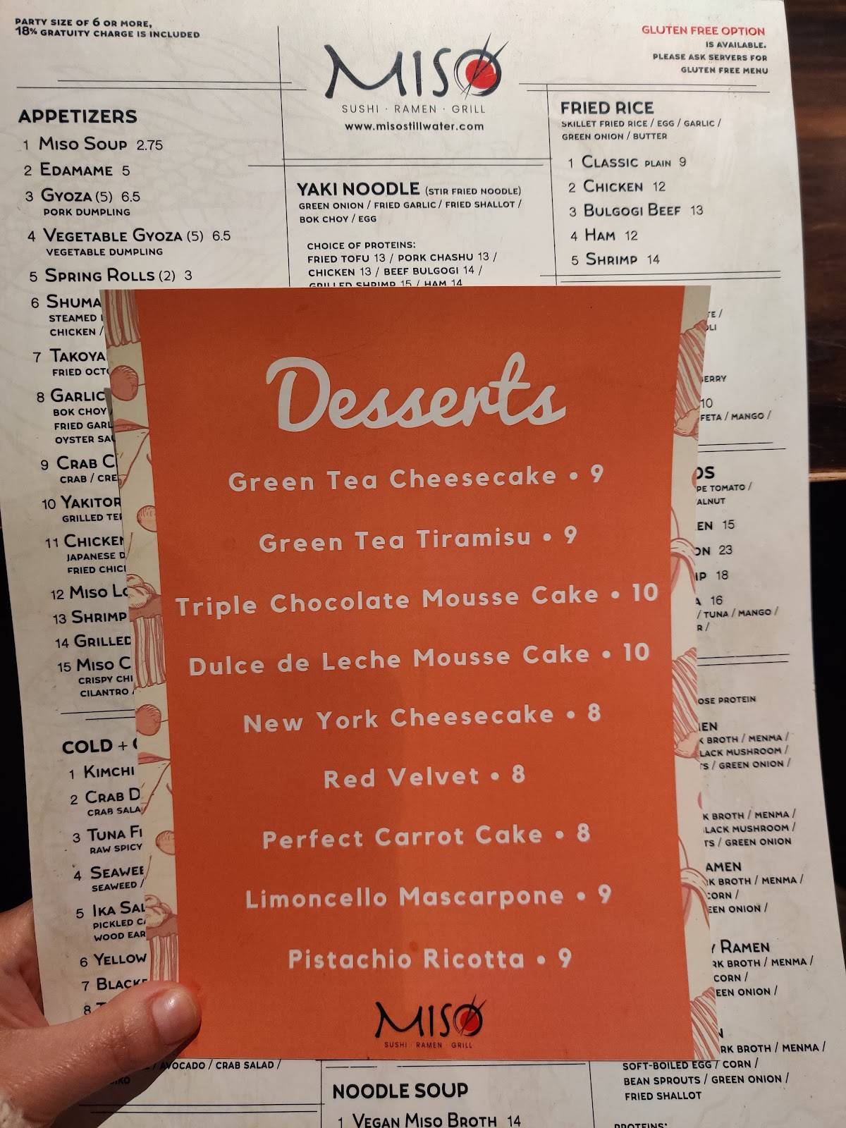 Menu at Miso restaurant, Stillwater
