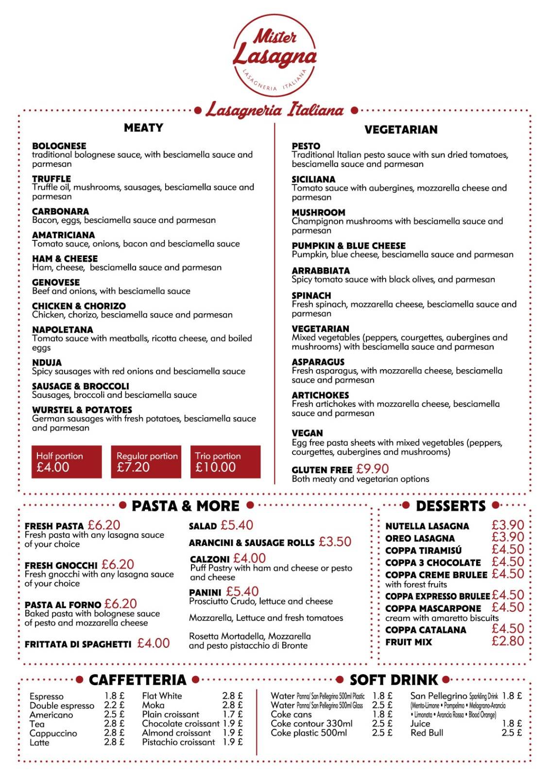 Menu at Mister Lasagna restaurant, London, 1-3 Royal Exchange