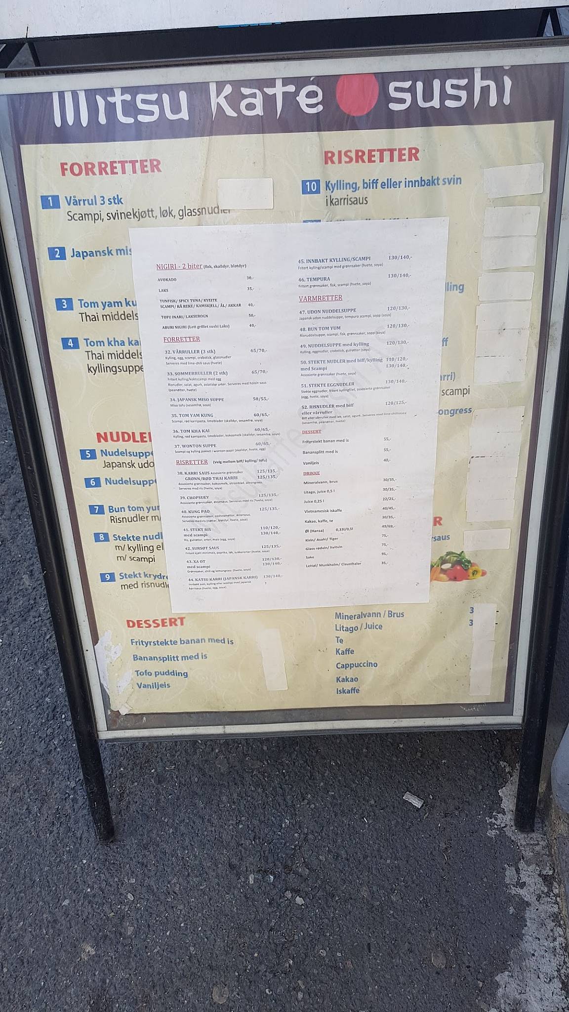 Menu at Mitsu Kafe & Sushi restaurant, Oslo