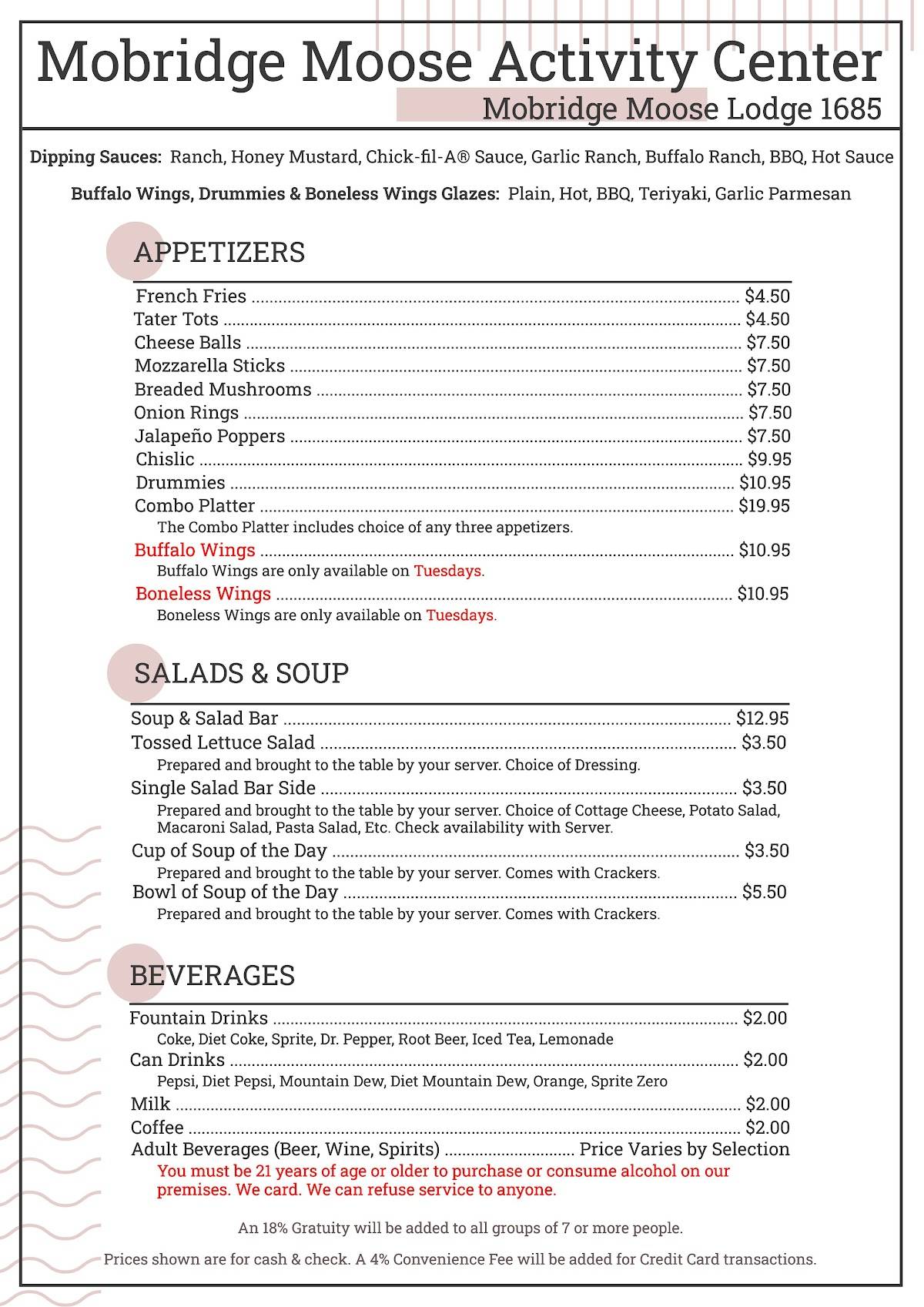 Menu at Mobridge Moose Lodge 1685 restaurant, Mobridge