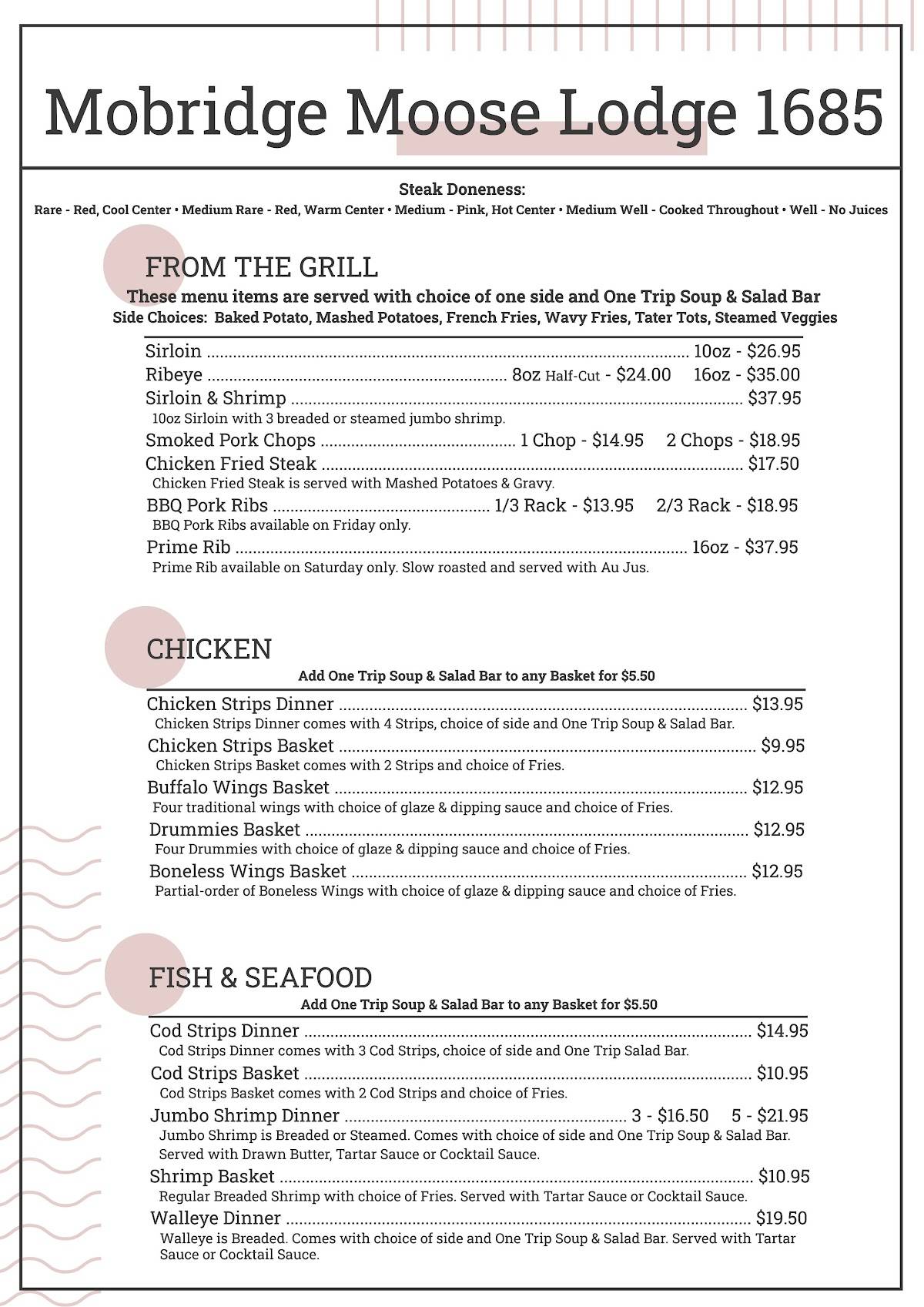 Menu at Mobridge Moose Lodge 1685 restaurant, Mobridge