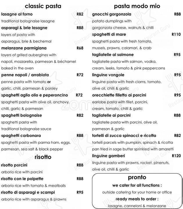 Menu at Modo Mio restaurant, Johannesburg, 339 Jan Smuts Ave