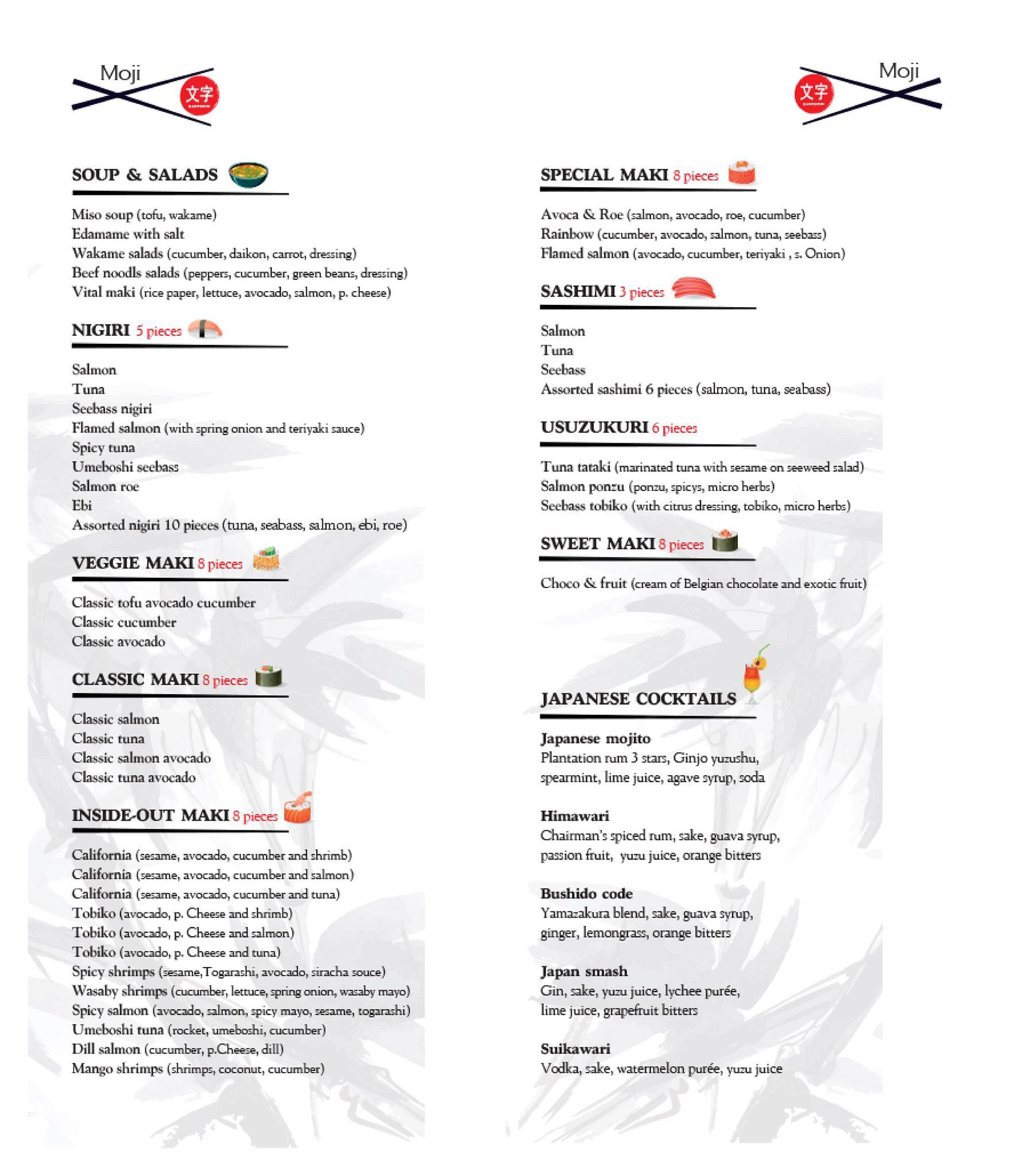 Menu at Moji Sushi, Thera