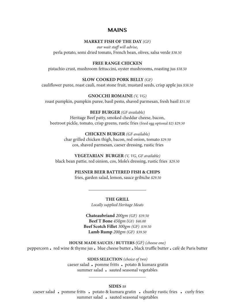 Menu at The Mole restaurant, Taupo