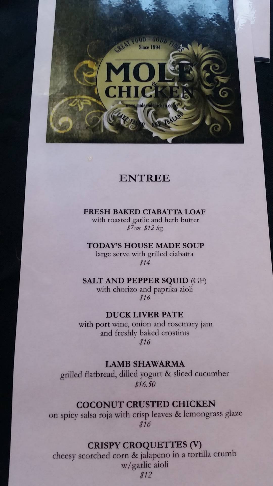 Menu at Mole & Chicken restaurant, Taupo