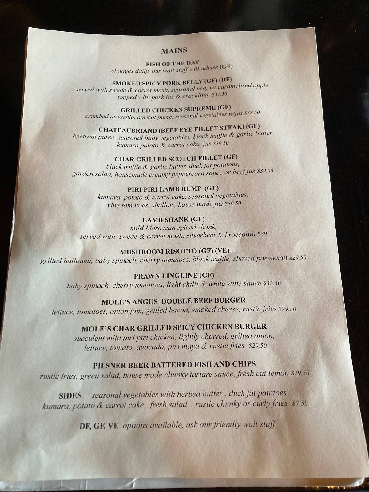 Menu at Mole & Chicken restaurant, Taupo